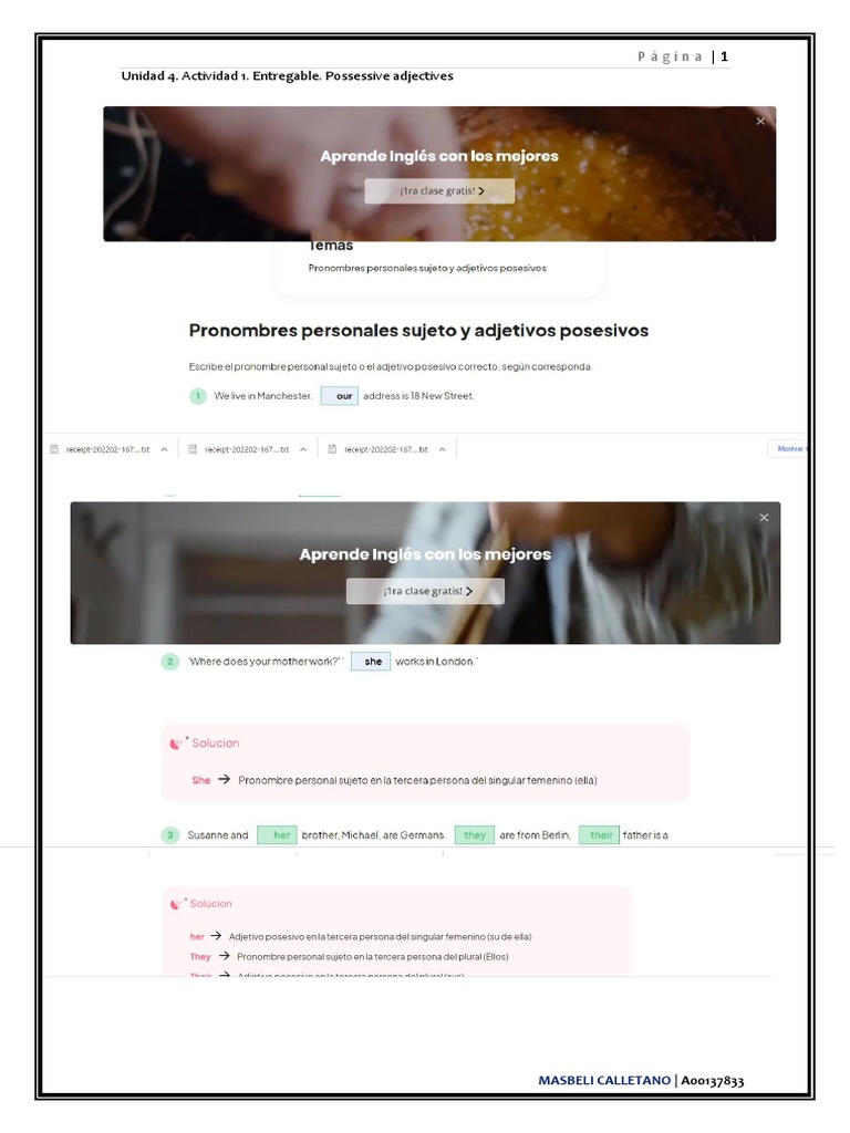 Masbeli Calletano-Unidad 4. Actividad 1. Entregable. Possessive Adjectives | PDF