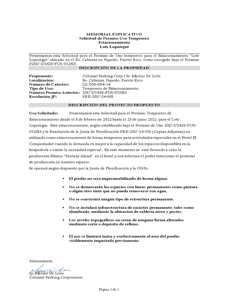 Memorial Explicativo Permiso Temporero 8 Feb 25 Jun 22 Estacionamiento ...