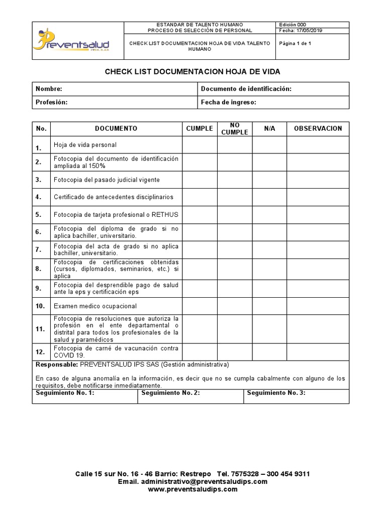 Check List Documentacion Hoja de Vida | PDF