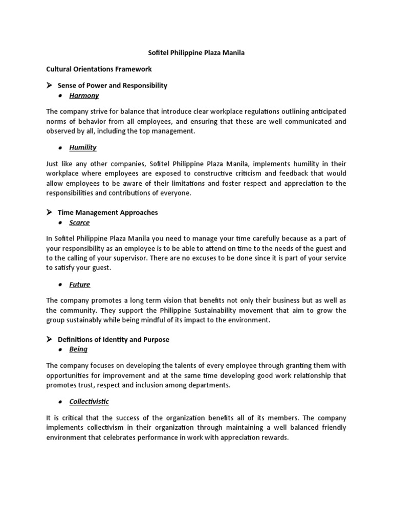 Sofitel Philippine Plaza Manila Cultural Orientations Framework | PDF ...