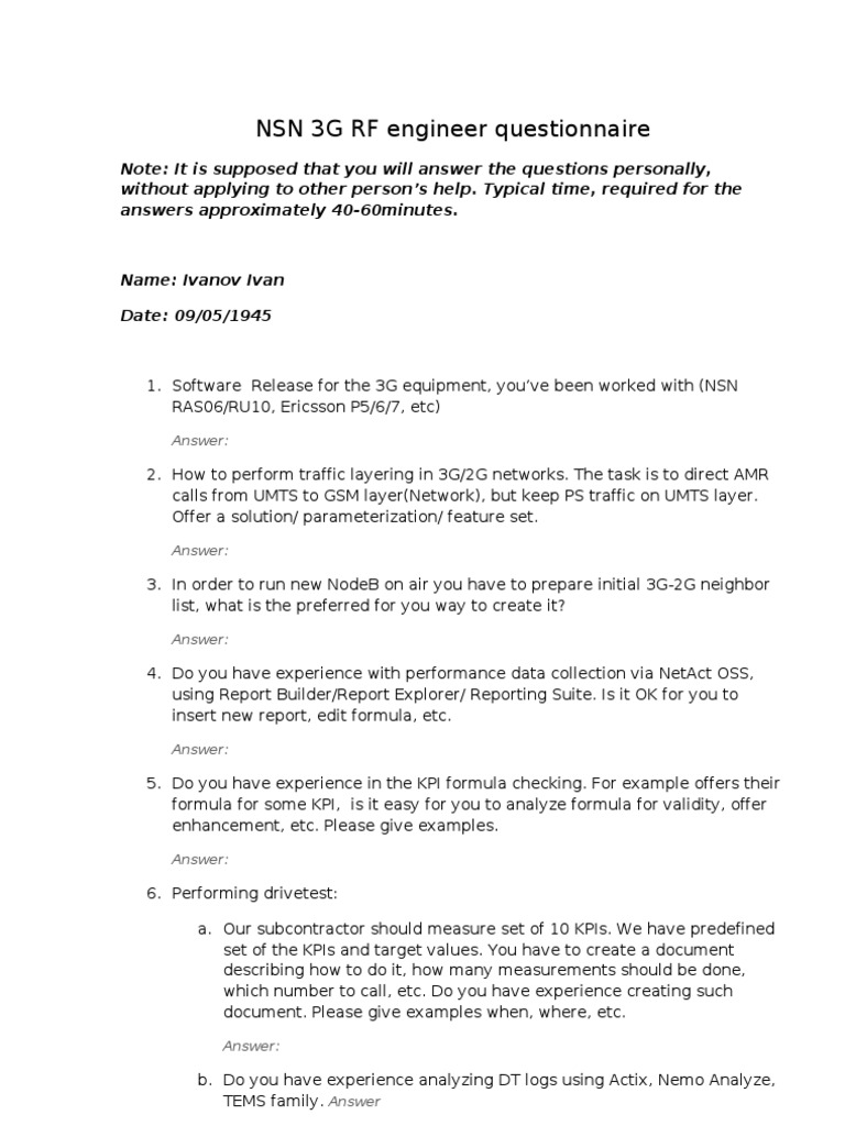 NSN 3G RF Engineer Questionnaire - V1 | PDF | Mobile Technology | Electronics