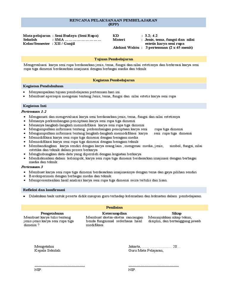 A - 2. RPP Jenis, Tema, Fungsi Dan Nilai Estetis Karya Seni Rupa | PDF