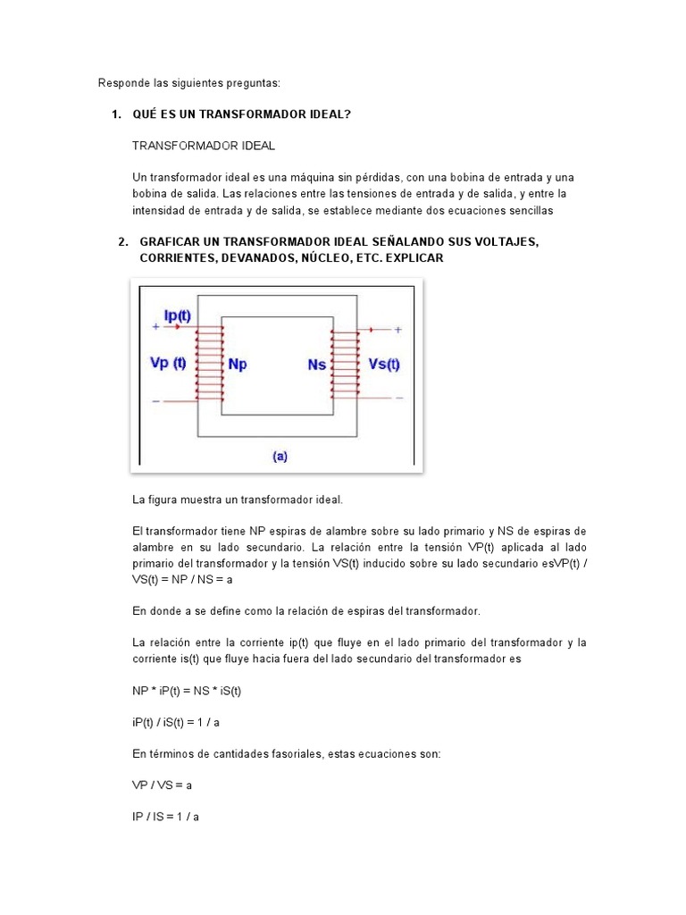Cuestionario - Transformador Ideal | PDF | Transformador | Inductor