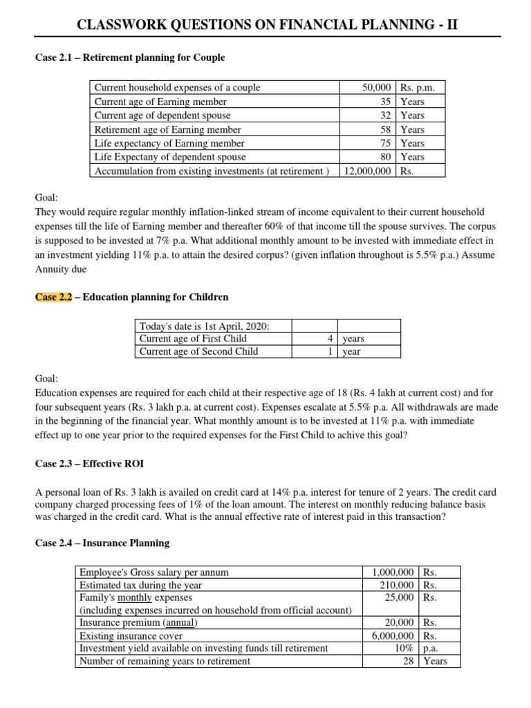 2.1q Classwork Questions On Financial Planning | PDF | Retirement ...