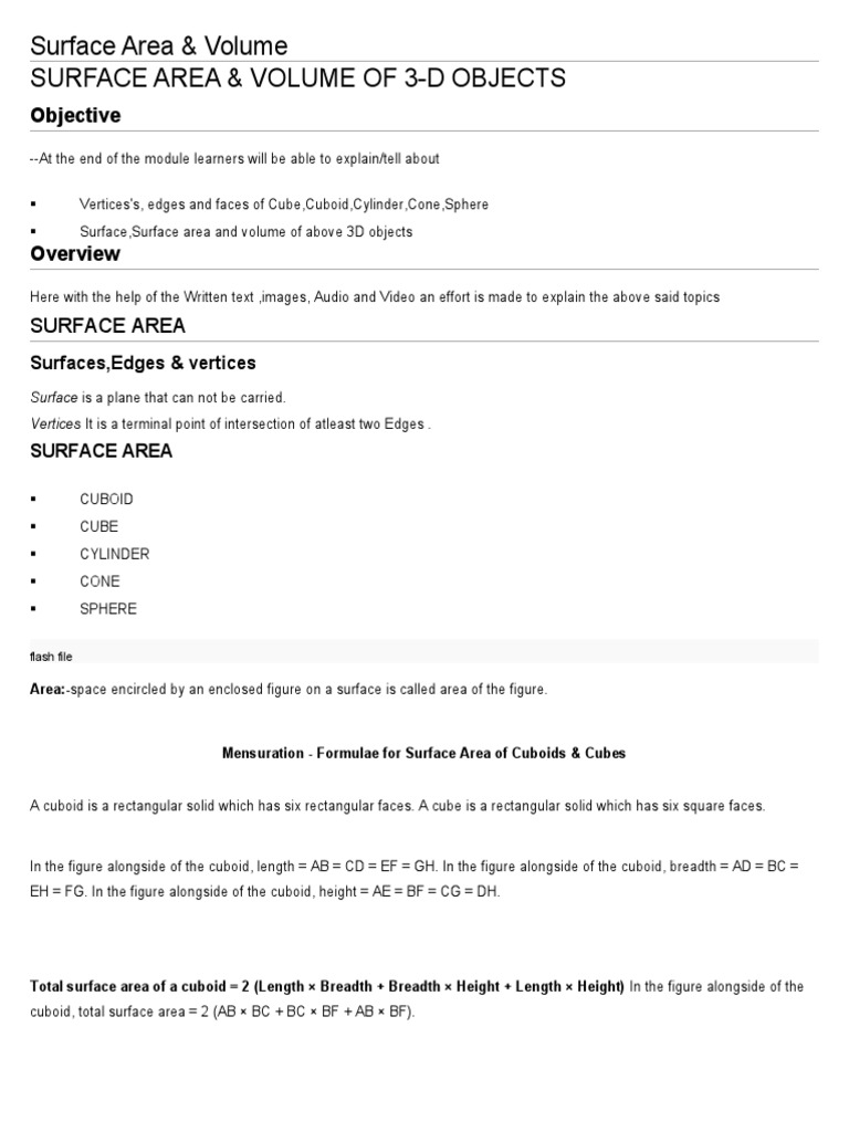 Surface Area & Volume Surface Area & Volume of 3-D Objects: Objective ...