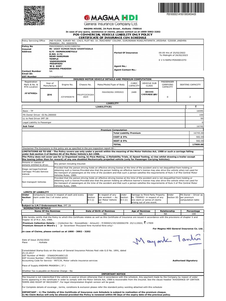 AP16TH9524 Magma HDI General Insurance Co. LTD | PDF | Insurance | Vehicles