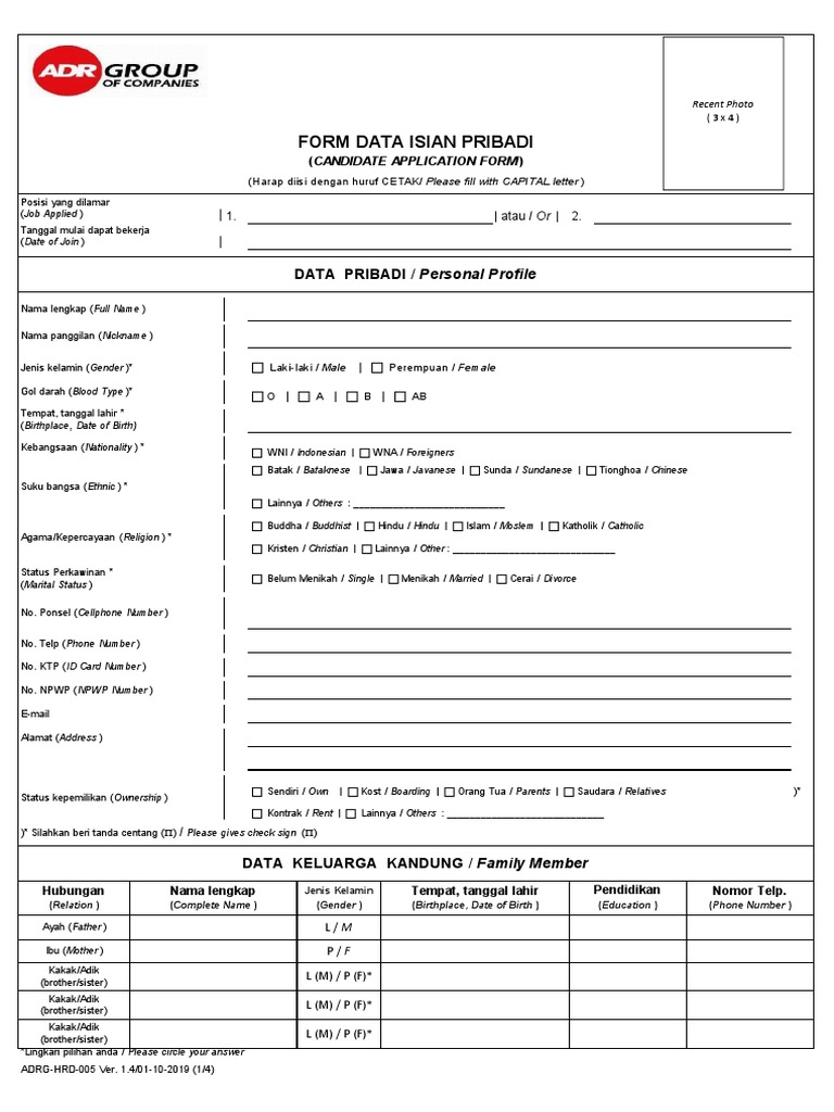 Form Data Isian Pegawai V1.4 - ADR Group of Companies | PDF
