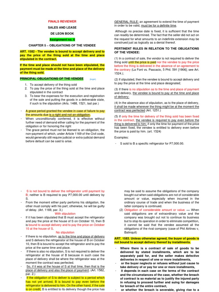 Aa Sales and Lease Finals Reviewer (Complete) | PDF | Breach Of ...