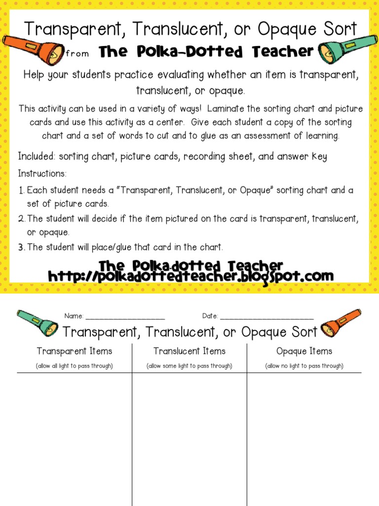 Transparent, Translucent, Opaque Sort Activity | PDF | Glasses | Sunglasses