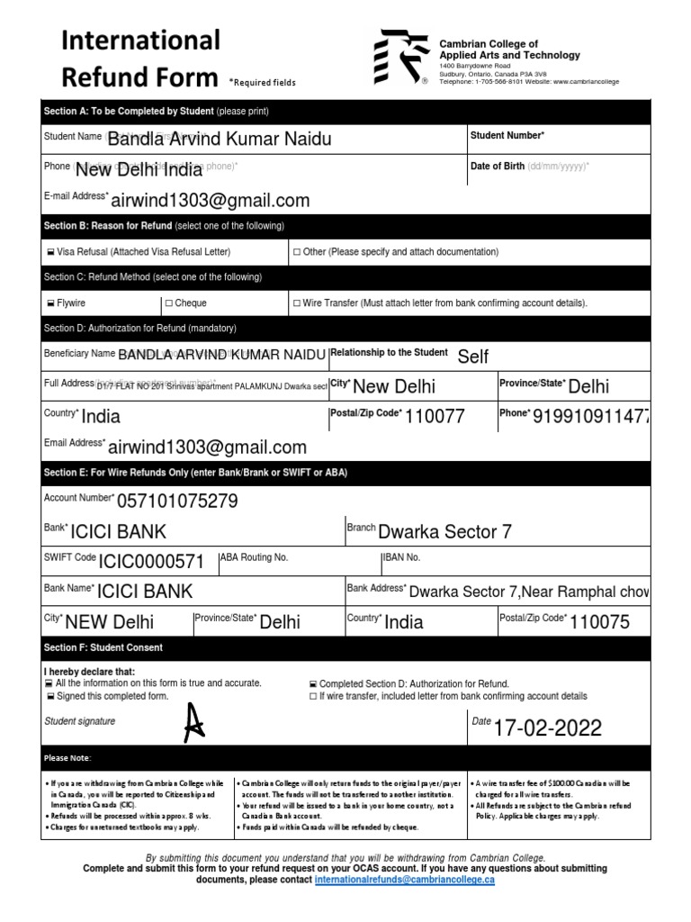 International Refund Form Mar 2021 | PDF | Wire Transfer | Cheque
