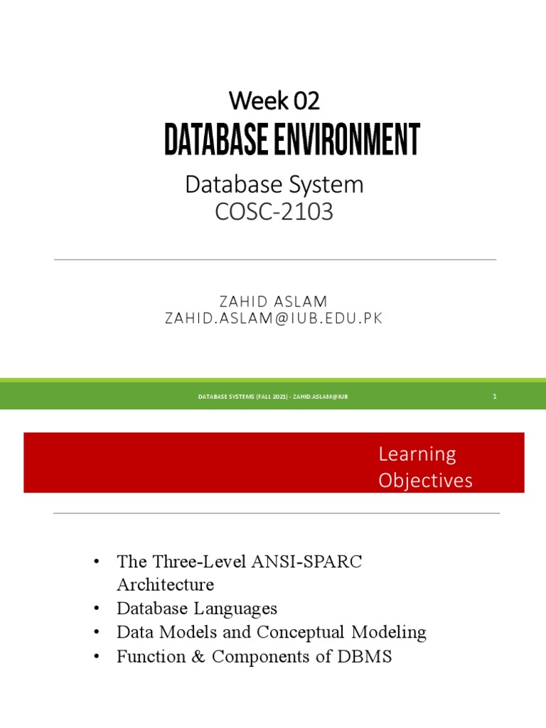 Week 02 Database System: COSC-2103 | PDF | Databases | Data Model