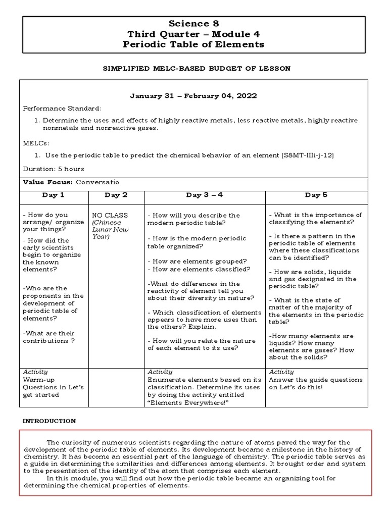 Science 8 Third Quarter - Module 4 Periodic Table of Elements | PDF ...