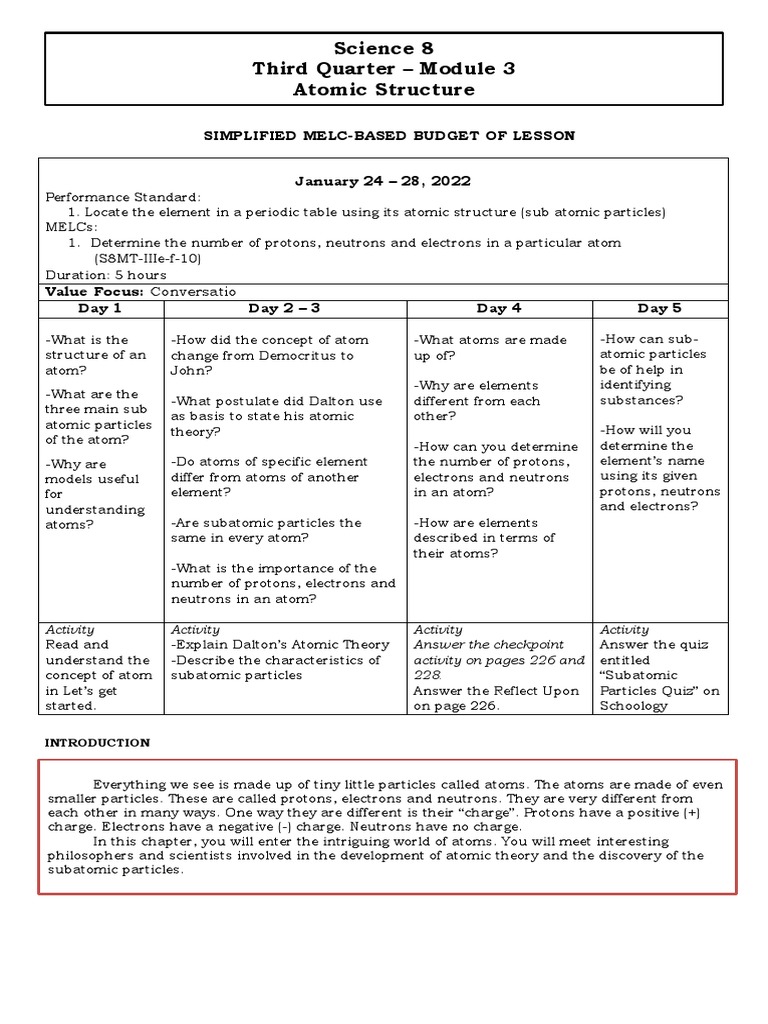 Science 8 Third Quarter - Module 3 Atomic Structure: Simplified Melc ...