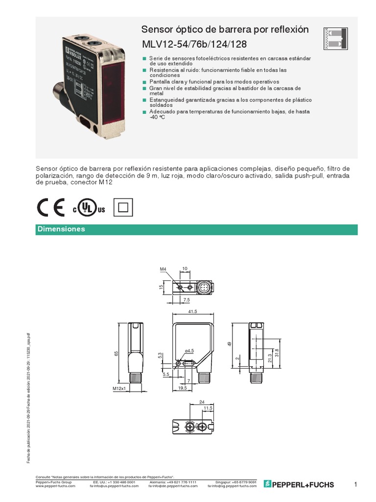 Sensor Óptico de Barrera Por Reflexión MLV12-54/76b/124/128 ...