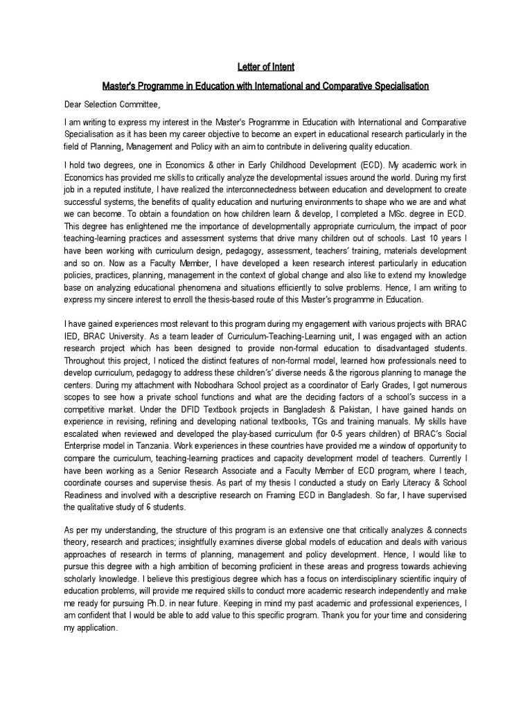 Letter of Intent - Sample | PDF | Curriculum | Academic Degree