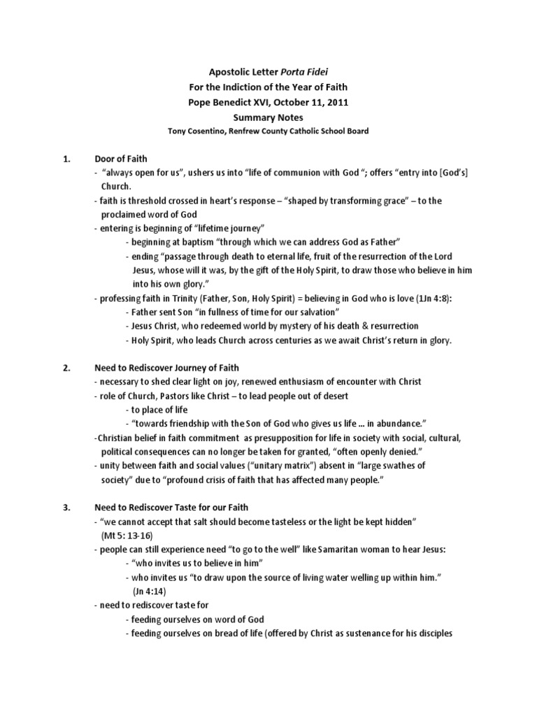 Apostolic Letter Porta Fidei For The Indiction of The Year of Faith ...