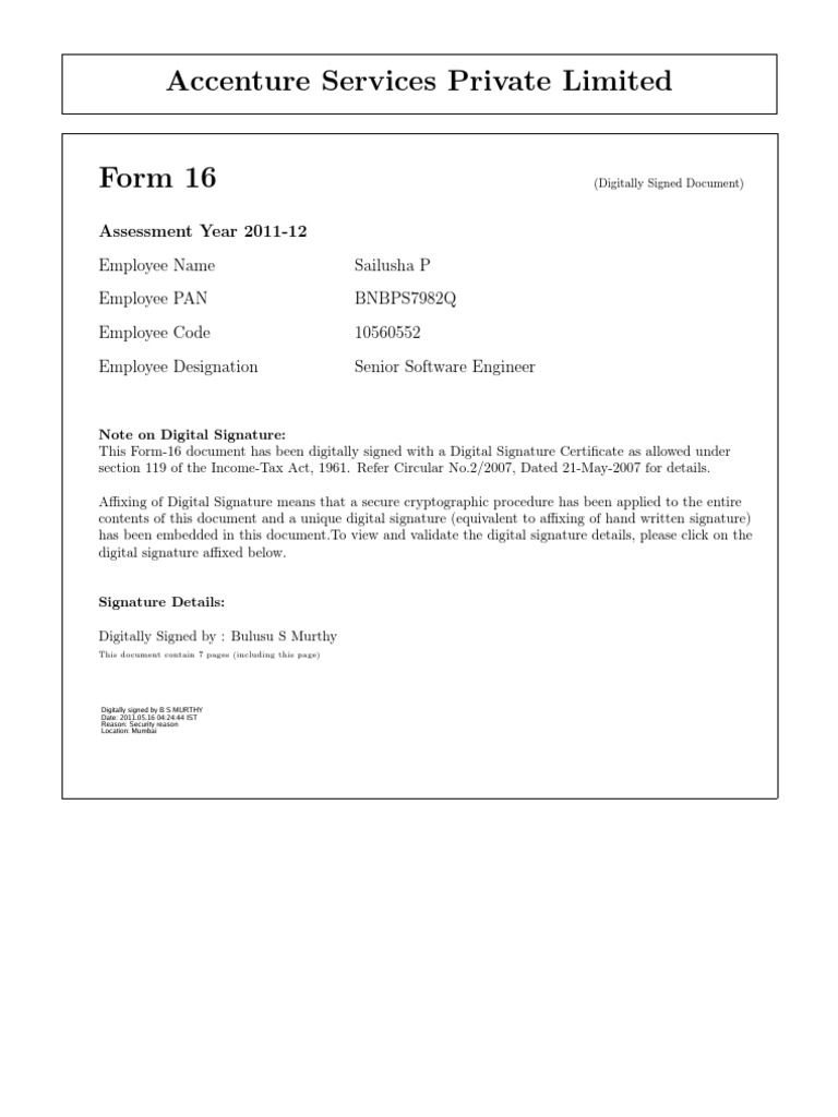 Accenture Form 16 | PDF | Employee Benefits | Income Tax