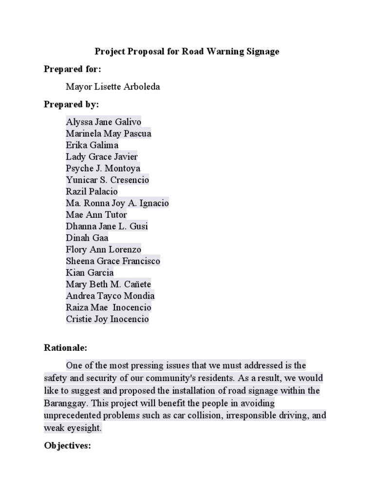 Project Proposal For Road Warning Signage Prepared For: Prepared by ...