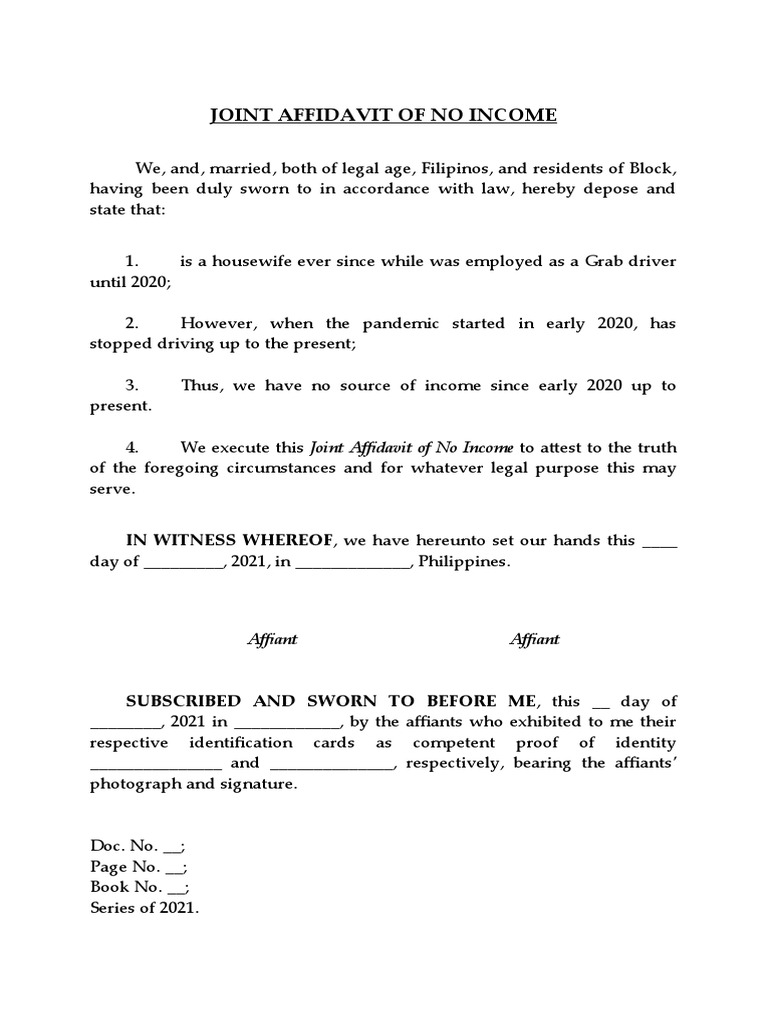 Joint Affidavit of No Income Sample | PDF