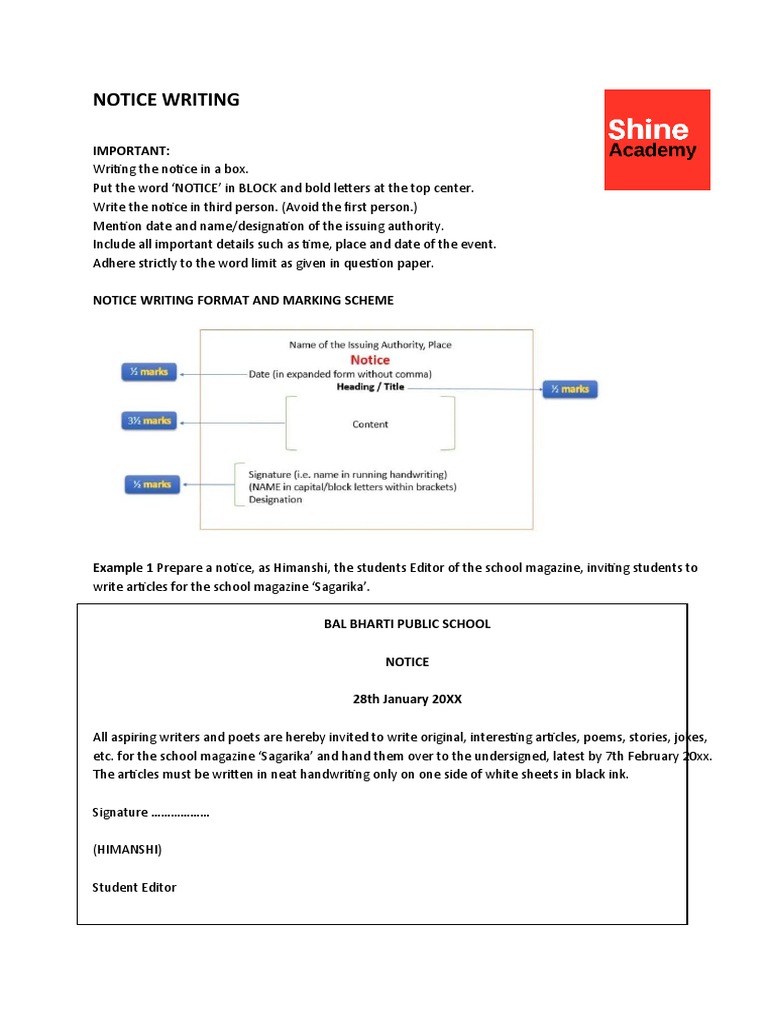 Notice Writing Format and Examples: A Comprehensive Guide | PDF