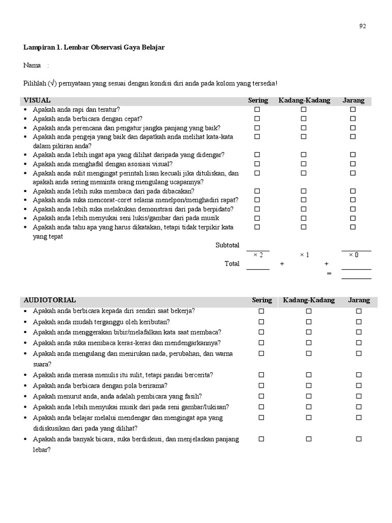 Lembar Observasi Gaya Belajar | PDF | Pengembangan Diri