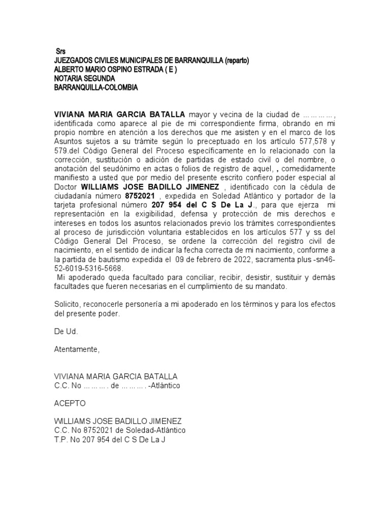 PODER ESPECIAL OTORGADO Ante NOTARIO 2 DE BARRANQUILLA COLOMBIA | PDF