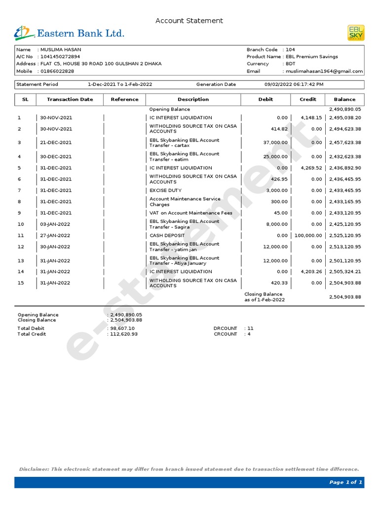 EBL Statement 09 02 2022 | PDF | Debits And Credits | Financial Transaction