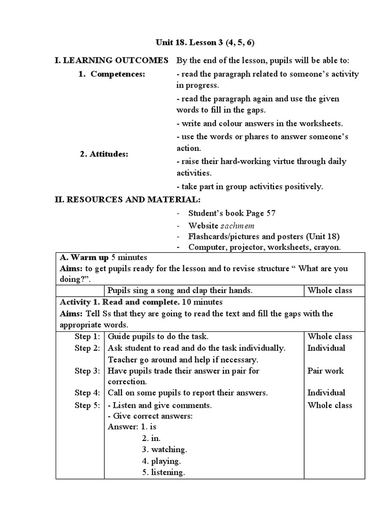 Tuyet - Lesson Plan U18 - Lesson 3 (3, 4, 5) | PDF | Behavior ...