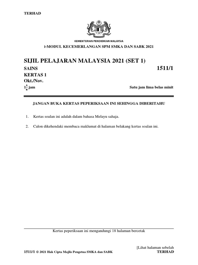 Kertas Trial Sains Smka & Sabk K1 Set 1 | PDF