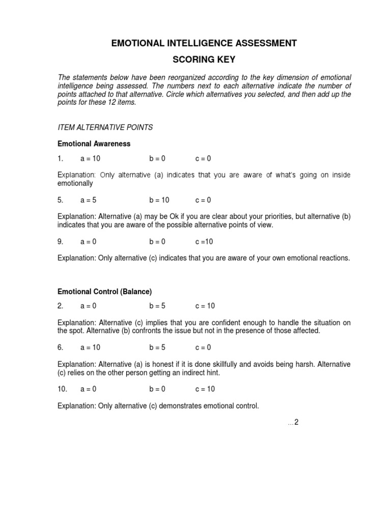 Emotional Intelligence Assessment Scoring Key | PDF | Empathy | Psychology