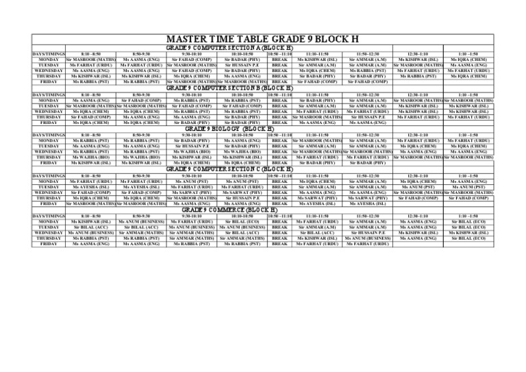 Revised Time Table (Grade 9 Block H) | PDF