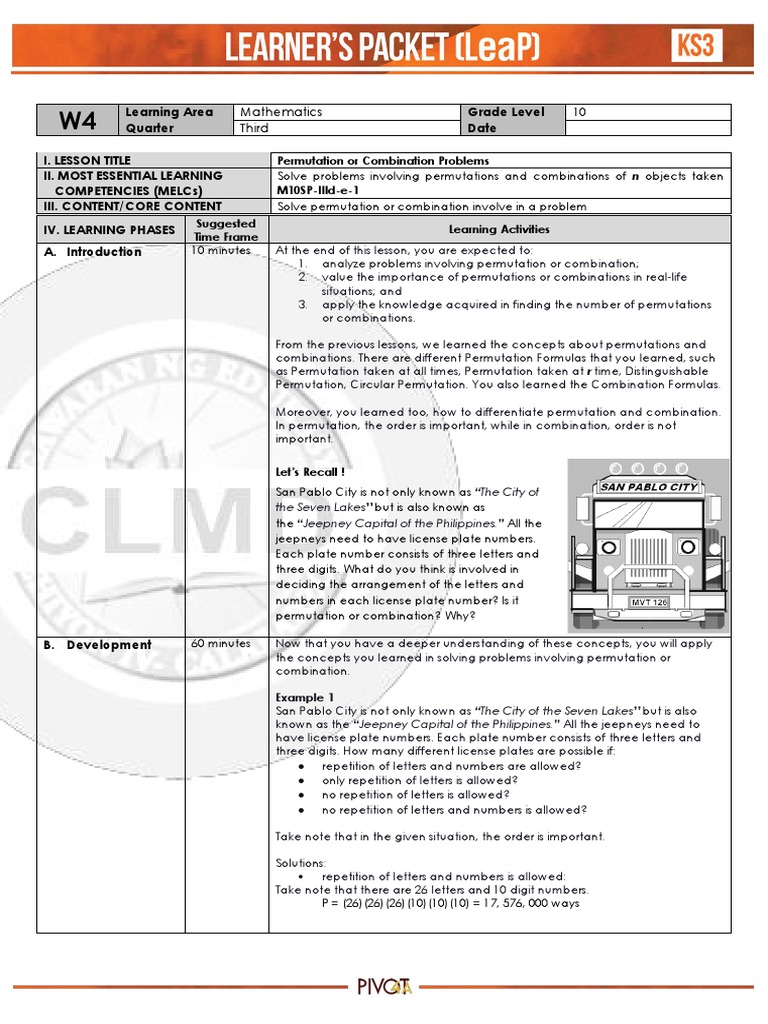 LeaP Math G10 Week 4 Q3 | PDF | Permutation | Learning