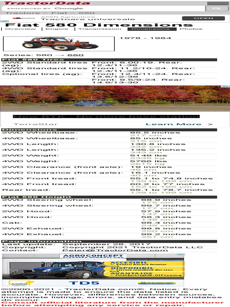 Fiat 580 Tractor Dimensions Information | PDF | Four Wheel Drive | Tractor