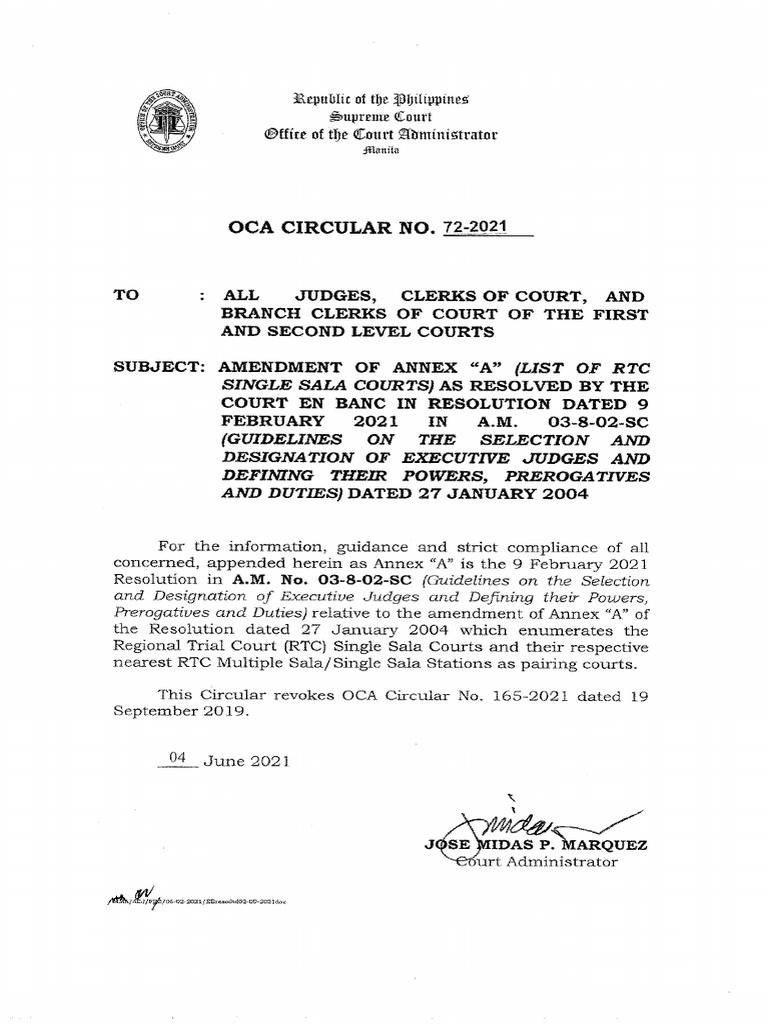 OCA Circular No. 72 2021 Single Sala Pairing | PDF