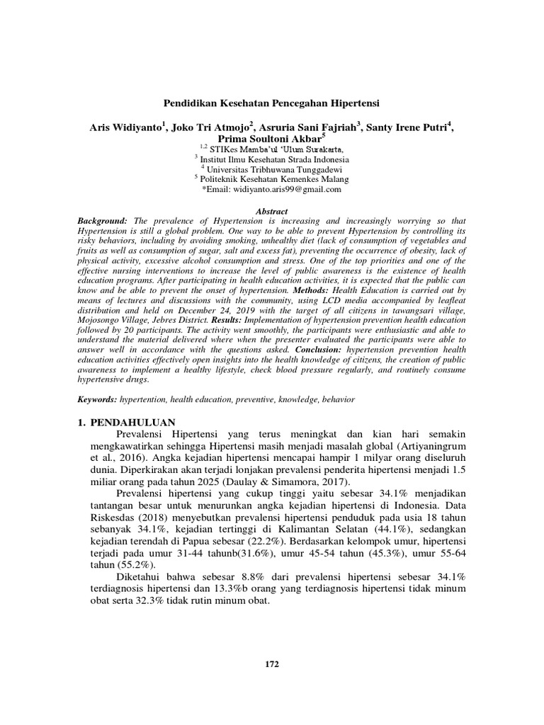 Pendidikan Kesehatan Pencegahan Hipertensi Aris Widiyanto, Joko Tri Atmojo, Asruria Sani Fajriah ...
