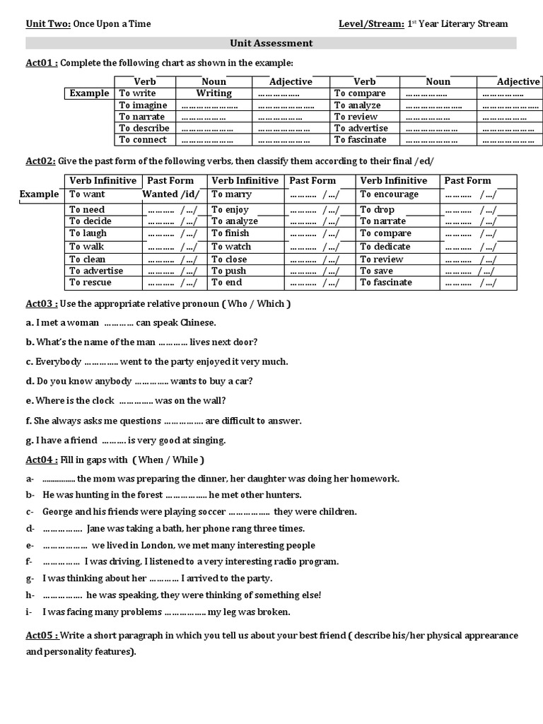 Once Upon A Time Unit Assessment | PDF | Verb | Adjective