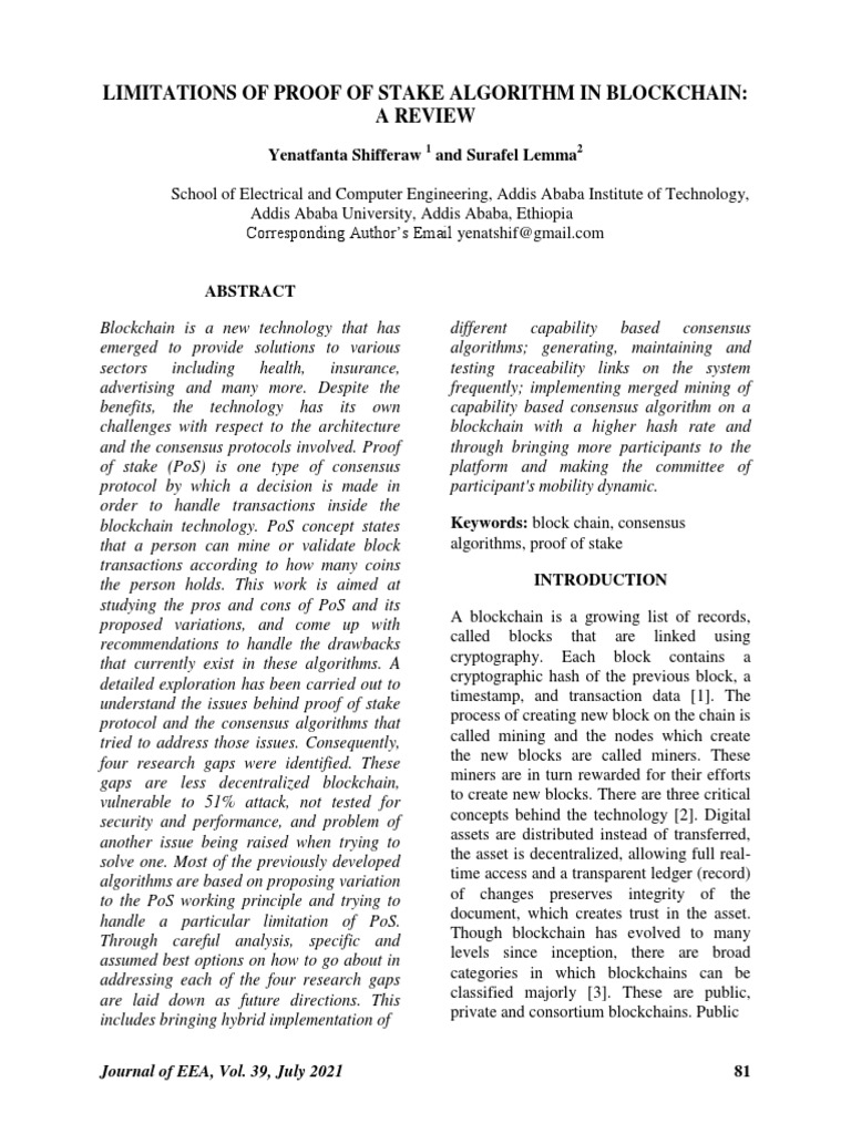 Limitations of Proof of Stake Algorithm in Blockchain: A Review | PDF ...