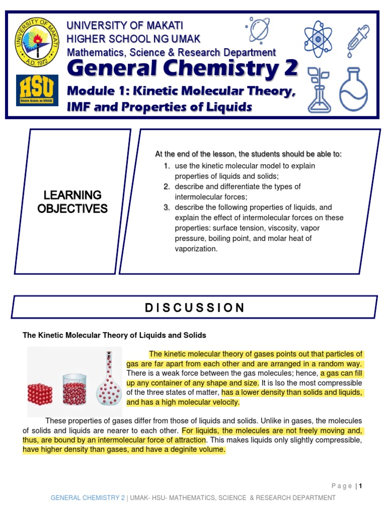 Module 1 - KINETIC MOLECULAR THEORY, IMF, AND PROPERTIES OF LIQUID ...
