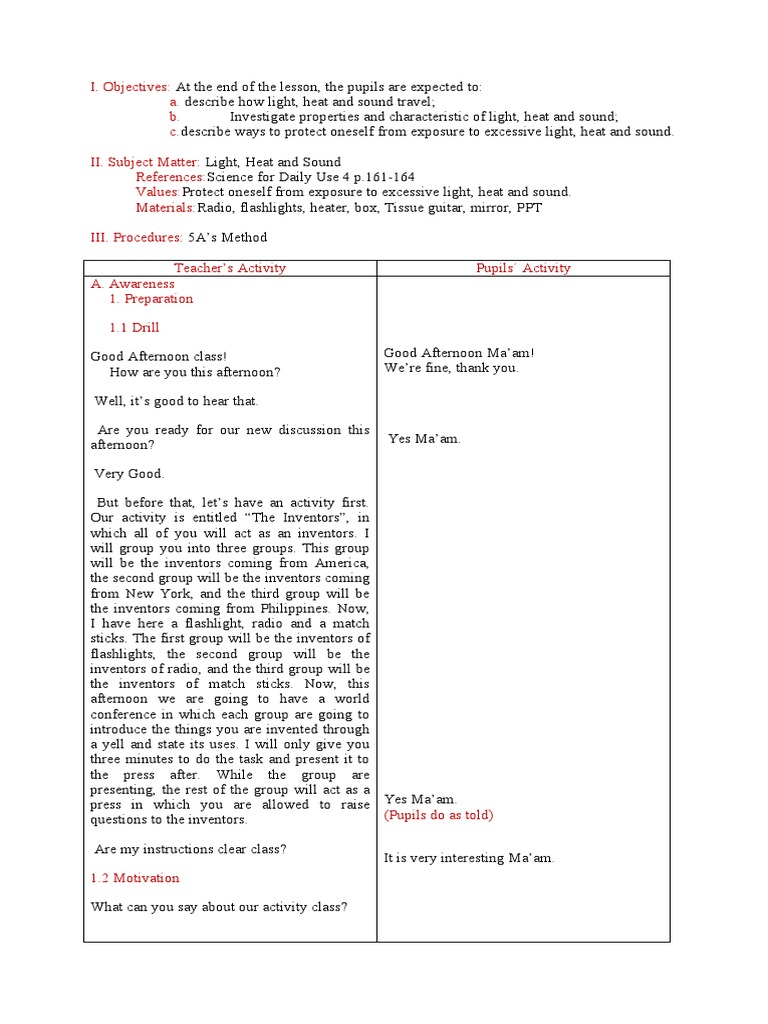 5as Lesson Plan | PDF | Light | Electromagnetic Radiation