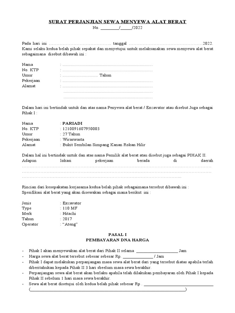 Surat Perjanjian Sewa Menyewa Alat Berat | PDF