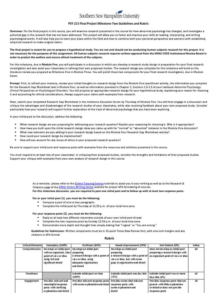 PSY 215 Final Project Milestone Two Guidelines and Rubric | PDF | Psychology | Institutional ...