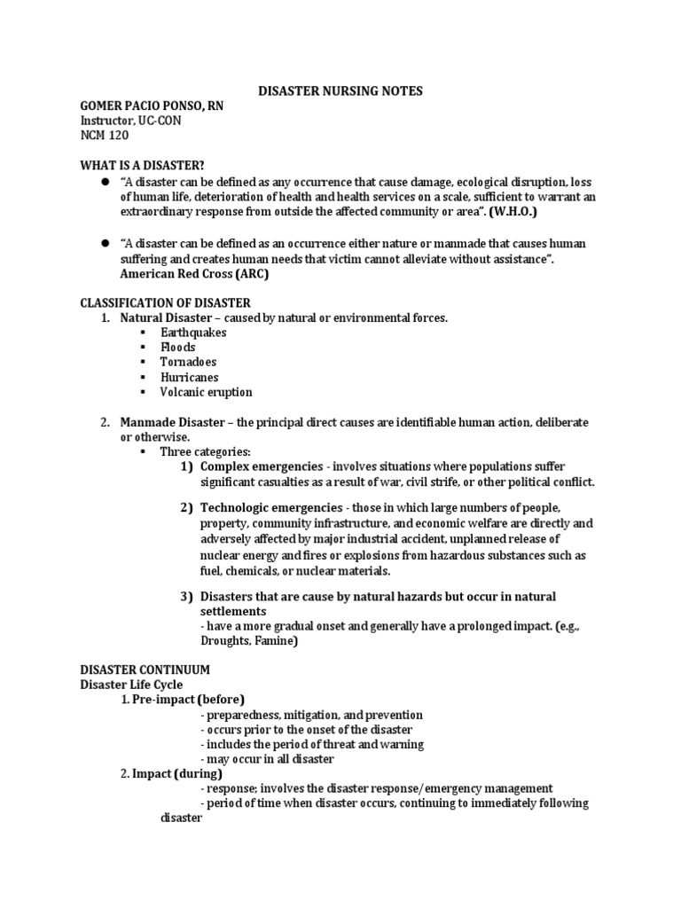 Disaster Nursing Notes | PDF | Emergency Management | Emergency