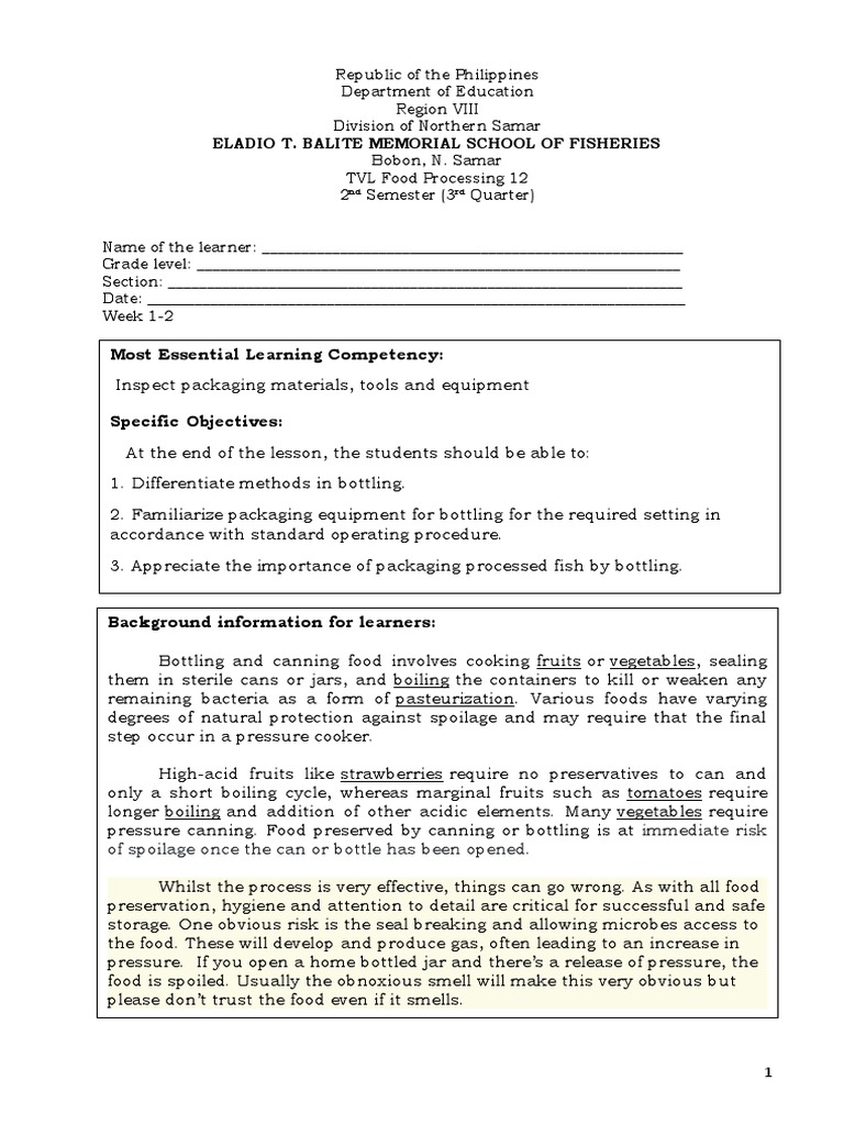 Food Processing Learning Activity Guide | PDF | Food Preservation | Canning