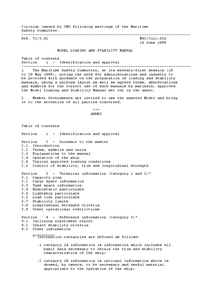 MSC 920 Stability Model Booklet | PDF | Ships | Buoyancy