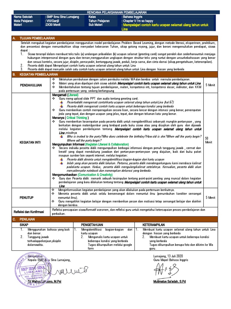 RPP Bahasa Inggris VIII KD 3.5 GREETING CRD Muthy | PDF