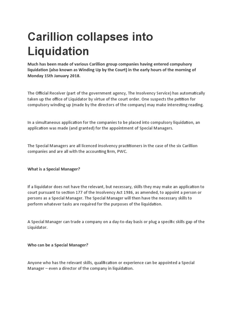 Carillion Collapses Into Liquidation | Download Free PDF | Liquidation ...