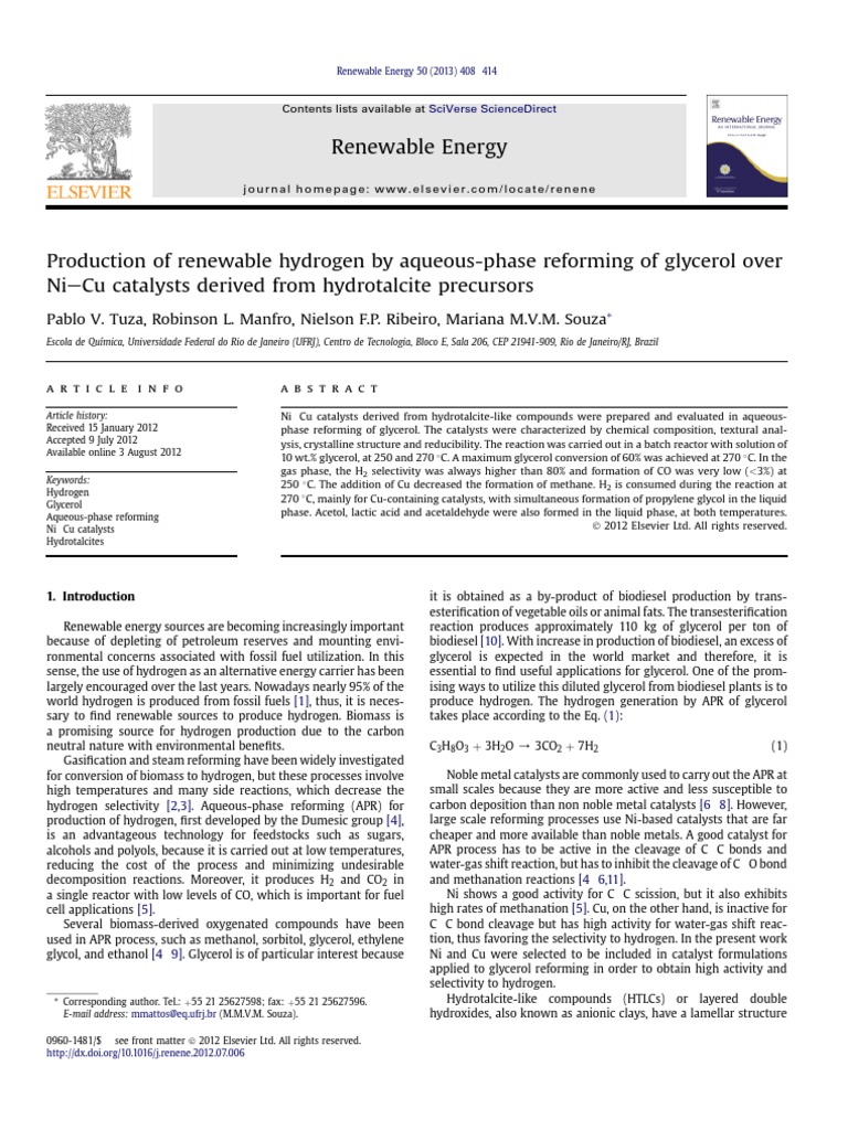 Production of Renewable Hydrogen by Aqueous-Phase Reforming of Glycerol ...