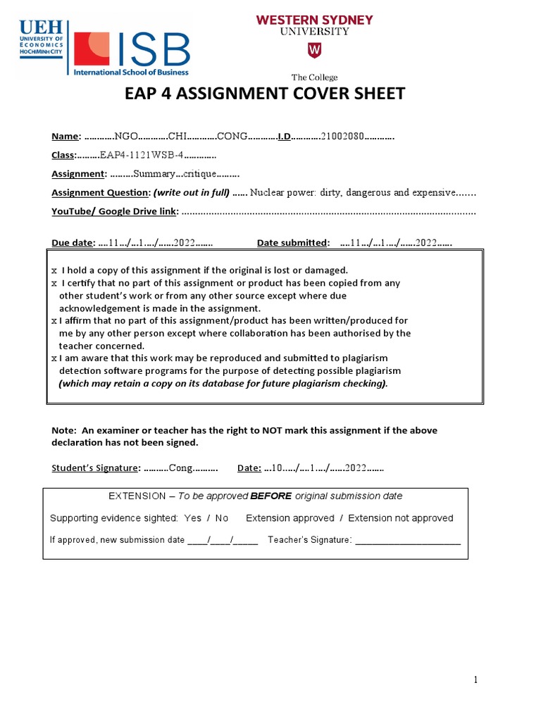 Eap 4 Assignment Cover Sheet | Download Free PDF | Nuclear Power ...
