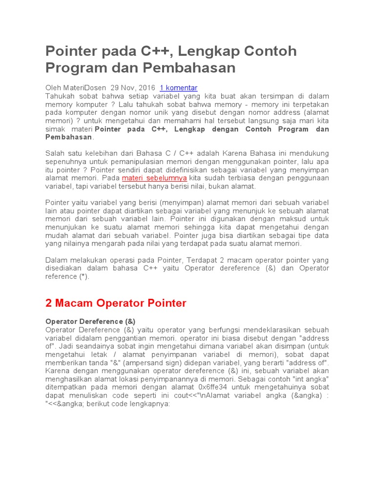 Pointer Pada C++, Lengkap Contoh Program Dan Pembahasan | PDF