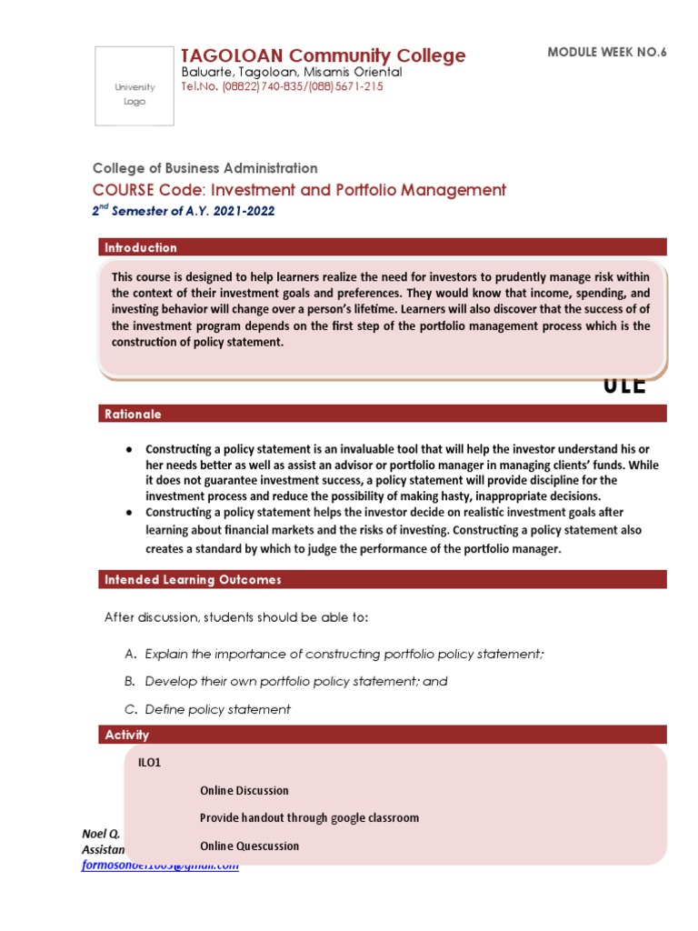 Developing an Investment Policy Statement: The First Step in the ...